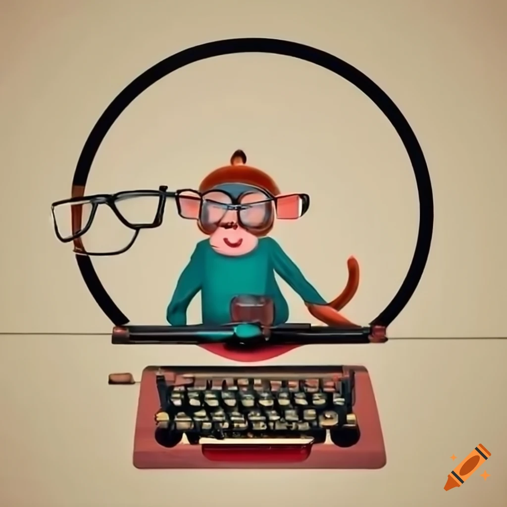 Monkey wearing glasses typing on typewriter on Craiyon