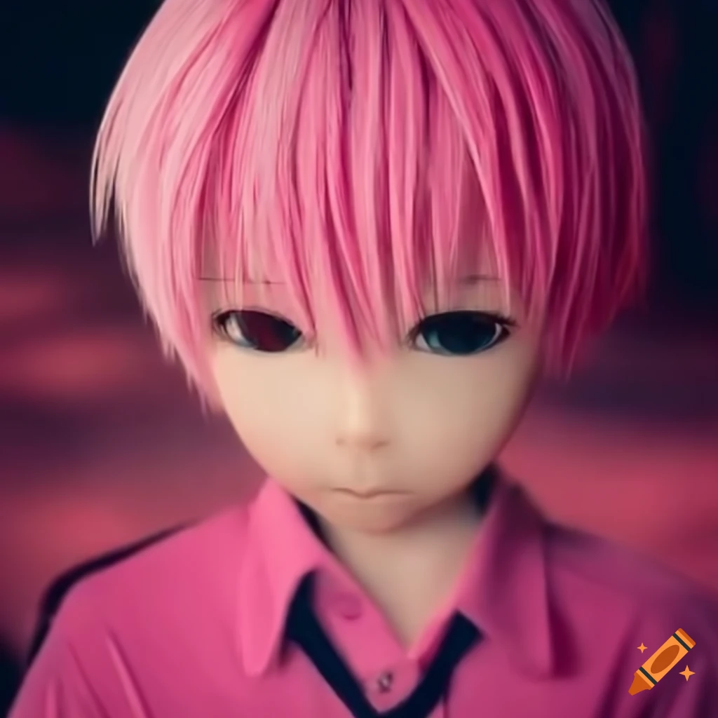Character with pink bobbed hair and big eyebrows