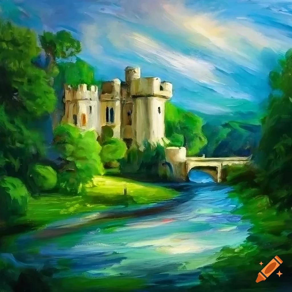 Oil painting of a castle in a lush forest on Craiyon