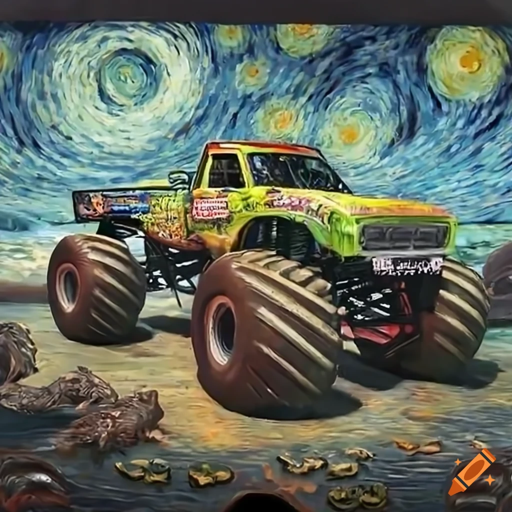 Surreal monster truck rally painting