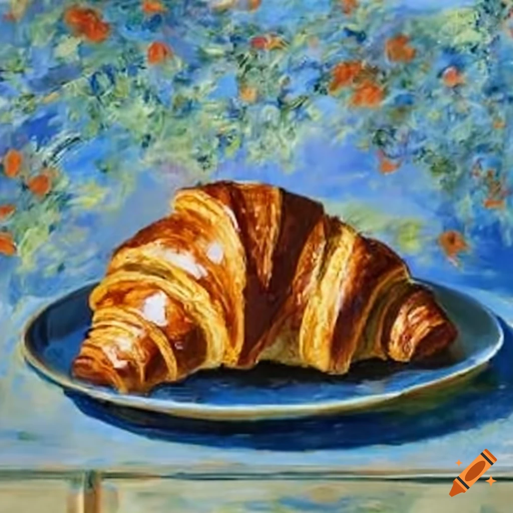 Claude monet's painting of a croissant on a plate in a kitchen