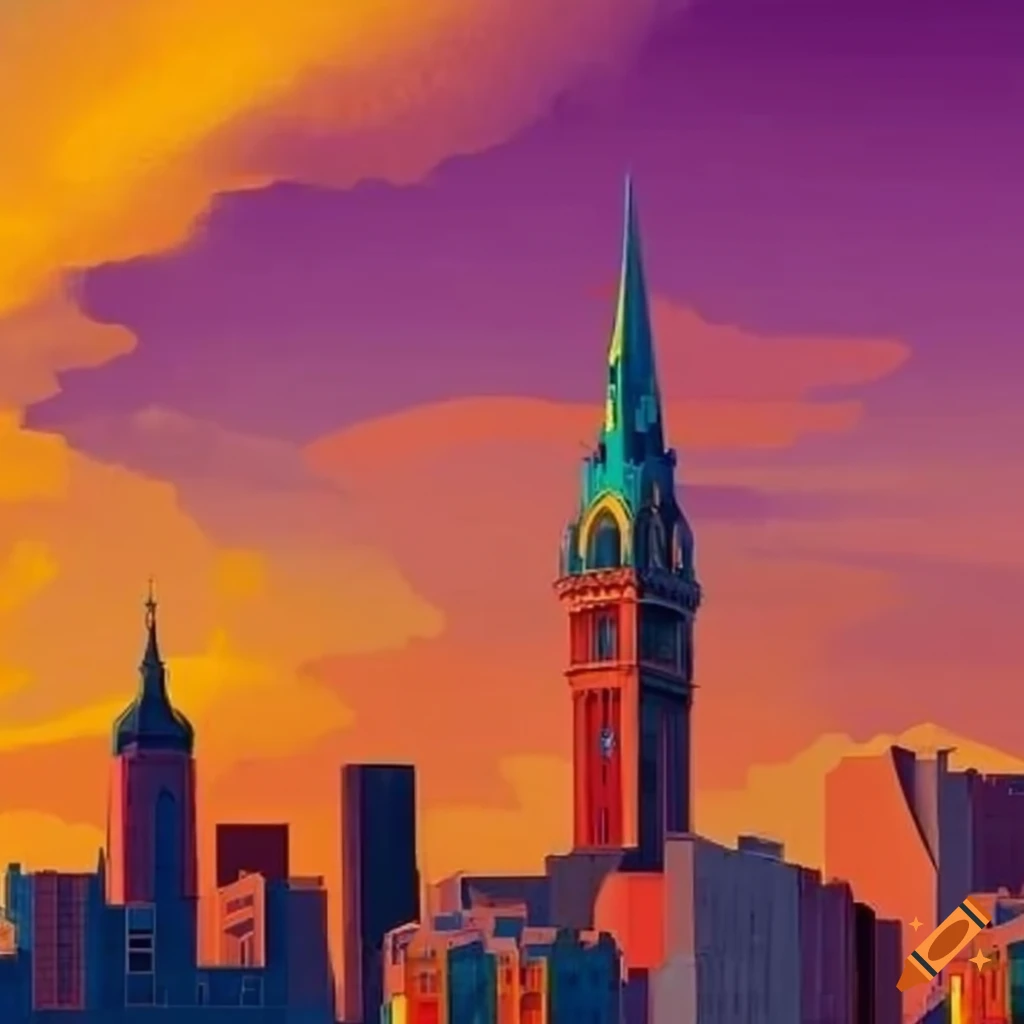 32 bit landscape by the river near a city on Craiyon