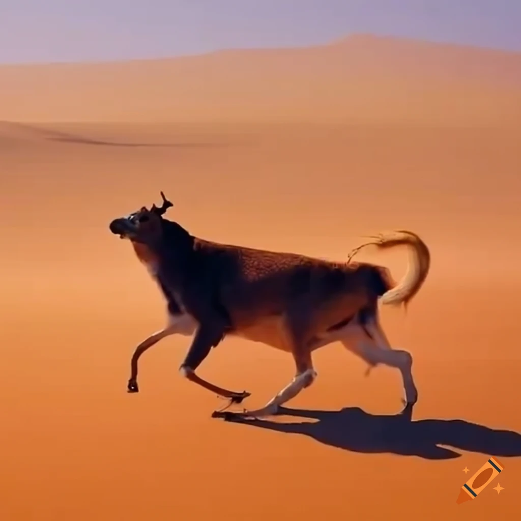 Funny scene of a cow chasing a dingo in the desert