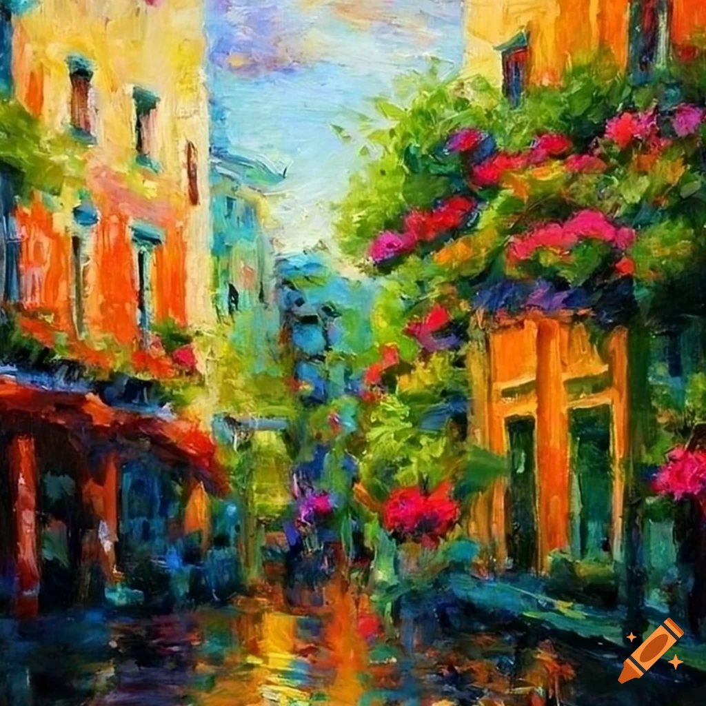 Impressionist painting of a building with flower-filled balconies on ...