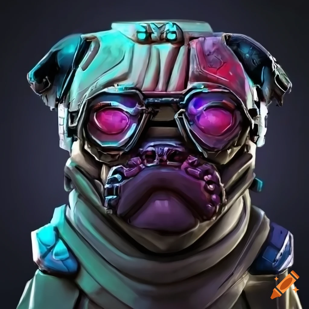Cyberpunk pug with futuristic armor on Craiyon