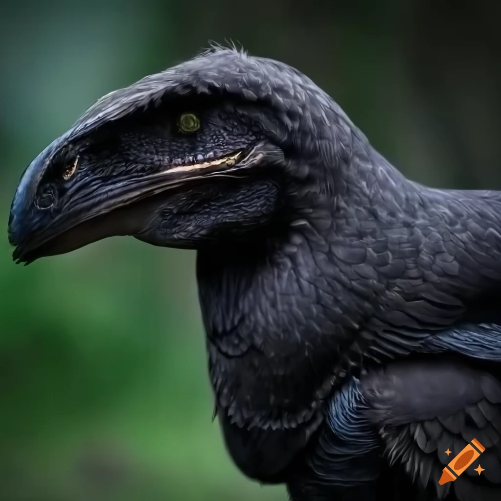 Image of a raven-like dinosaur with black feathers and yellow eyes on ...