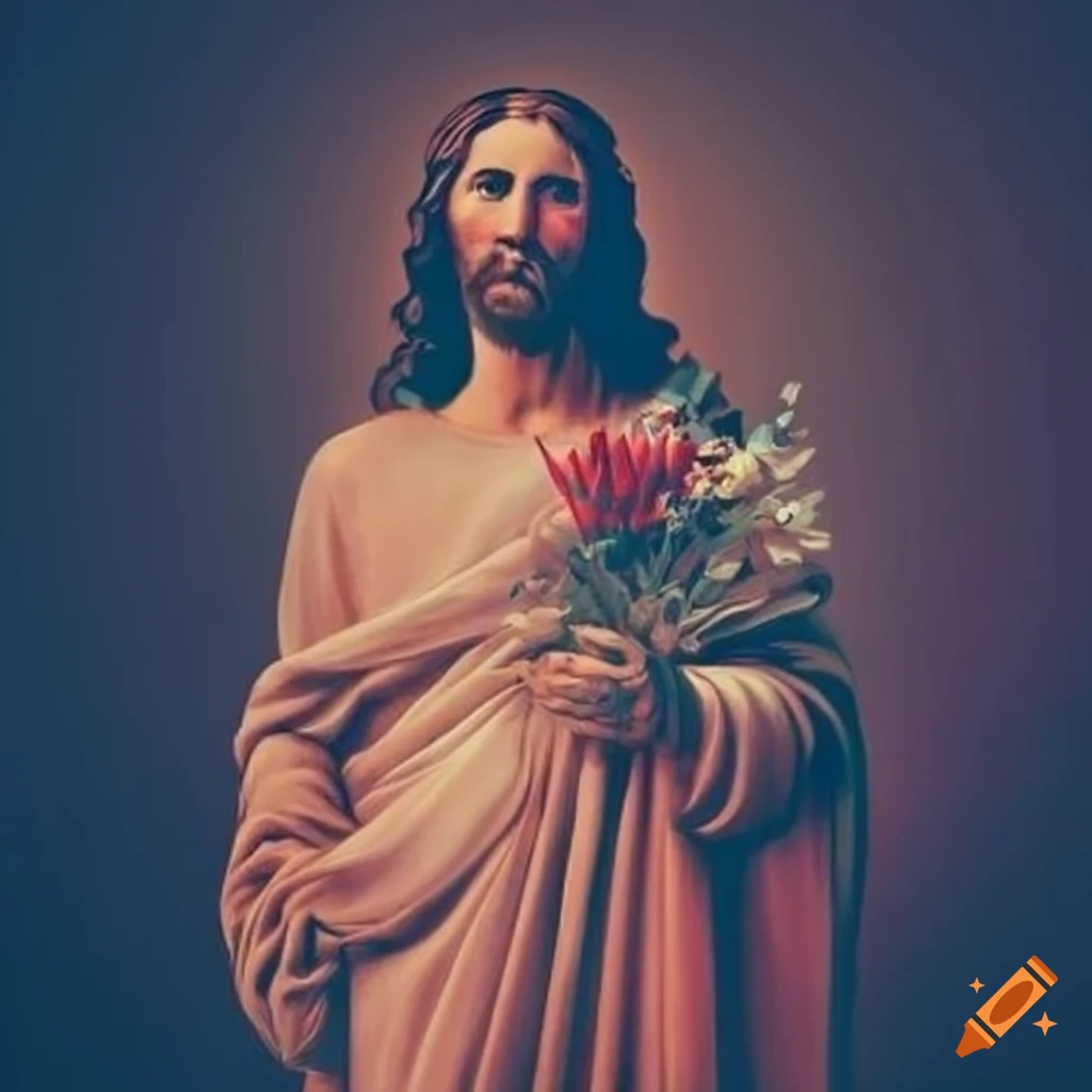 Artistic portrayal of jesus with flowers