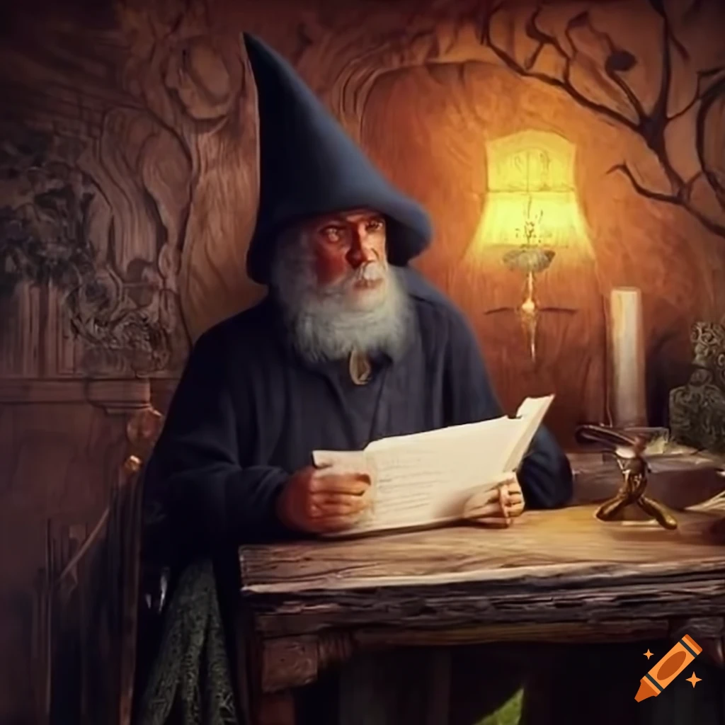 Image of a wizard reading an ancient scroll in a rustic room on Craiyon