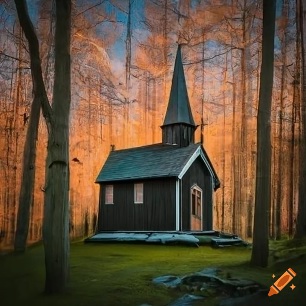 Modern norwegian farmhouse style church chapel in the forest on Craiyon