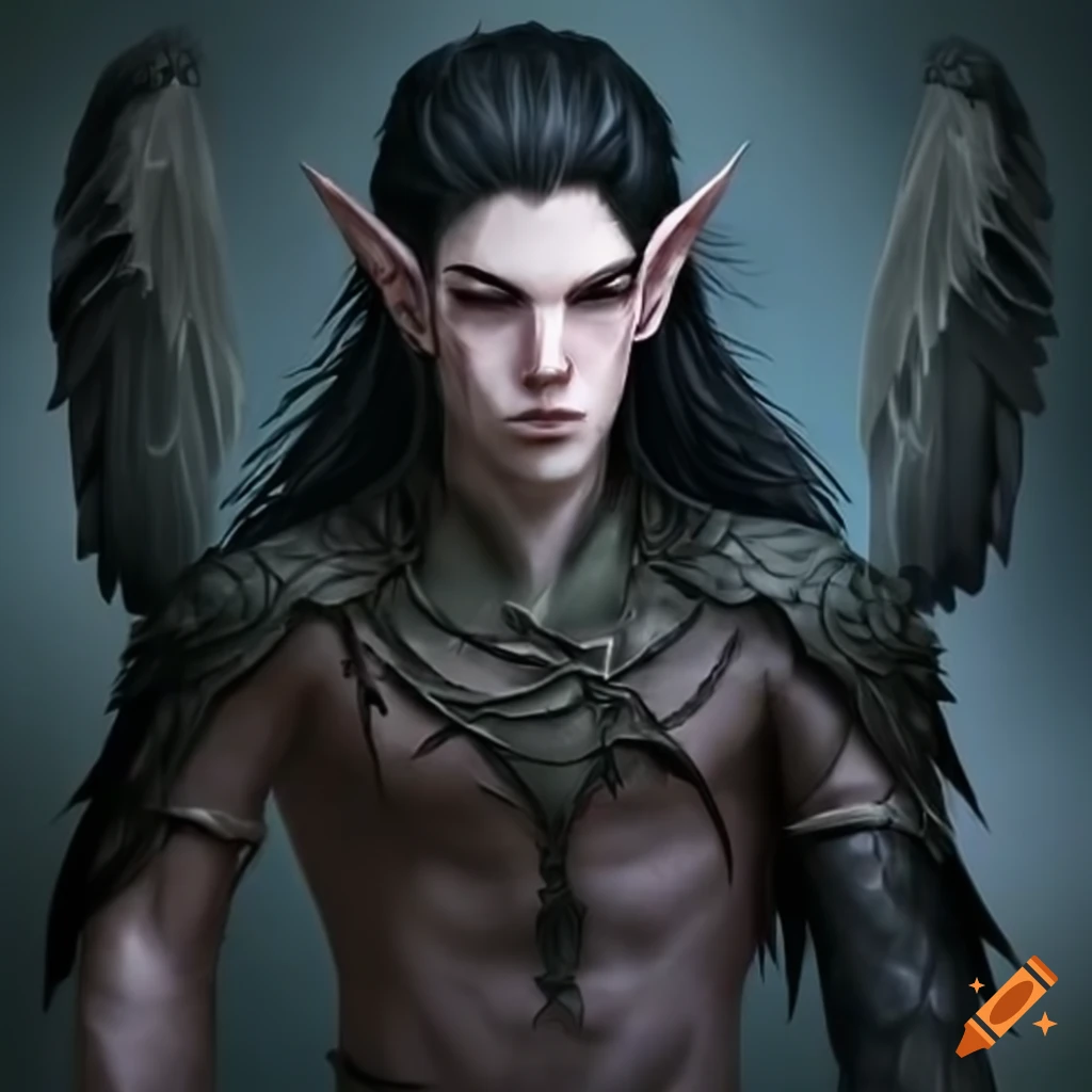 Dark-haired male elf with raven wings and dual elven swords on Craiyon