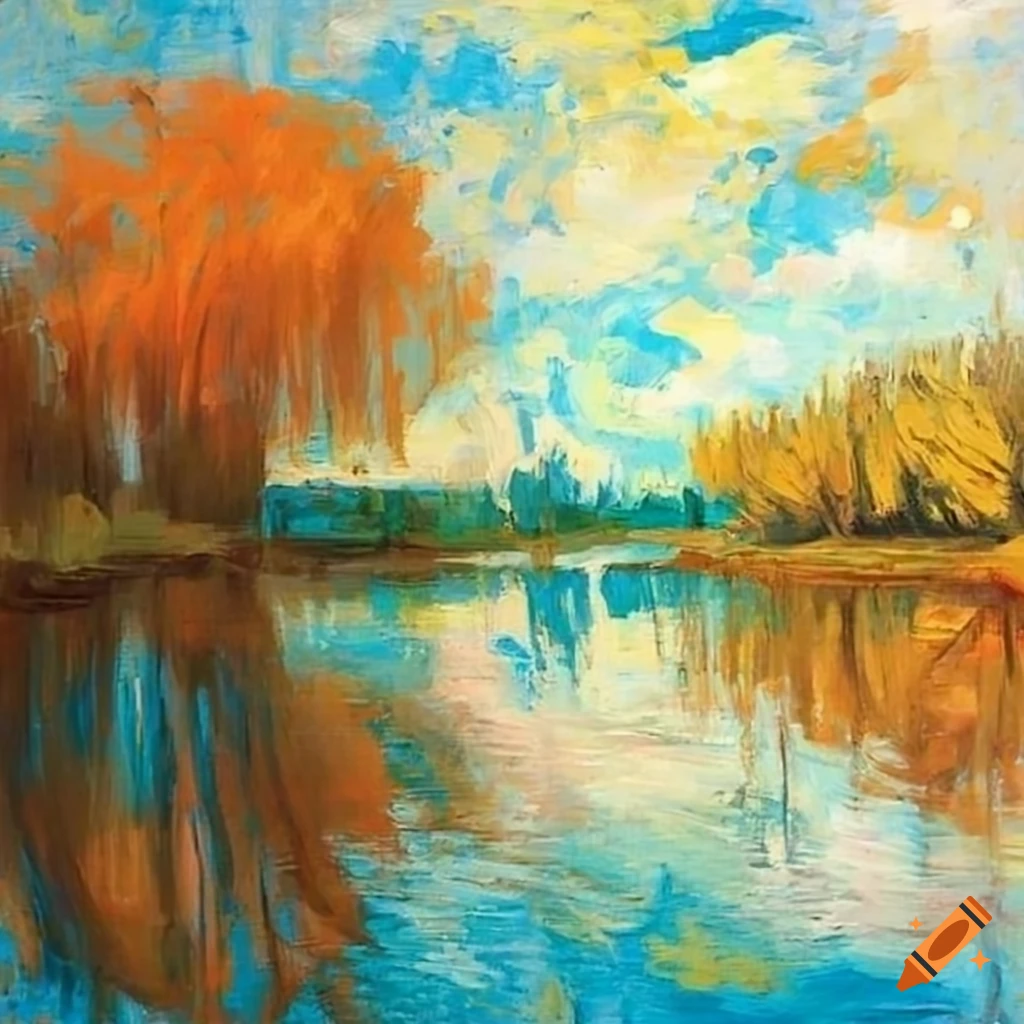 Abstract impressionist painting of a river with boats and reflection on ...