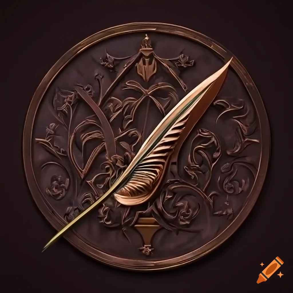 Highly detailed copper token with a quill insignia on Craiyon