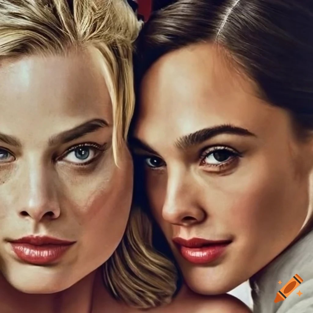 Movie poster with margot robbie and gal gadot in norman rockwell style