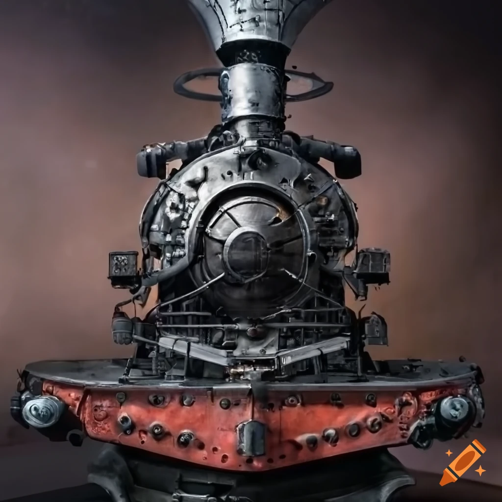 Photo realistic image of a robotic knight-shaped steam locomotive on Craiyon