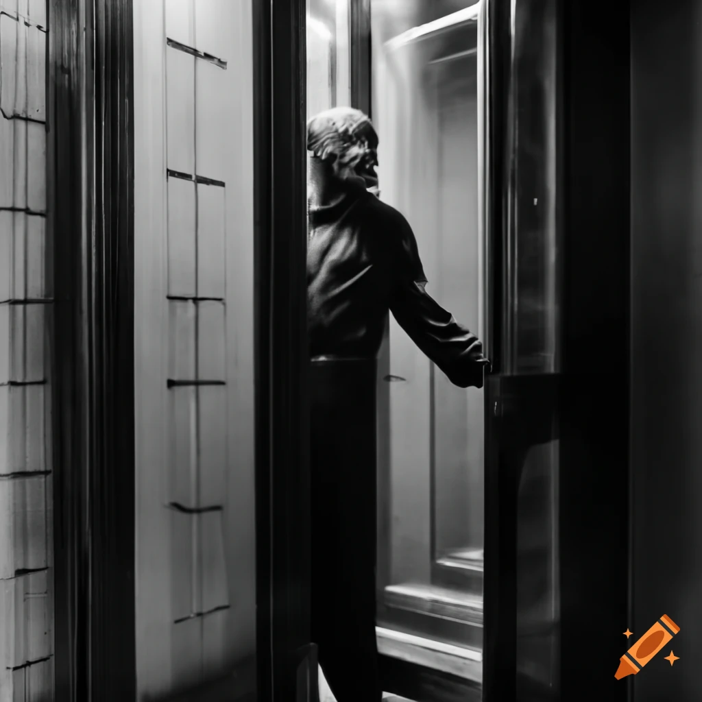 Black and white photo of a man inside an elevator on Craiyon