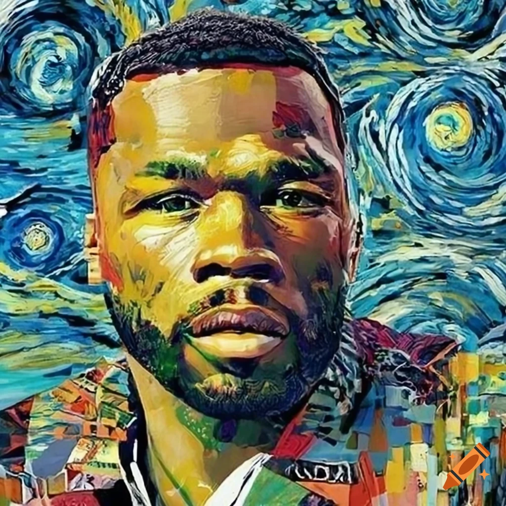 Collage artwork blending 50 cent and van gogh's styles