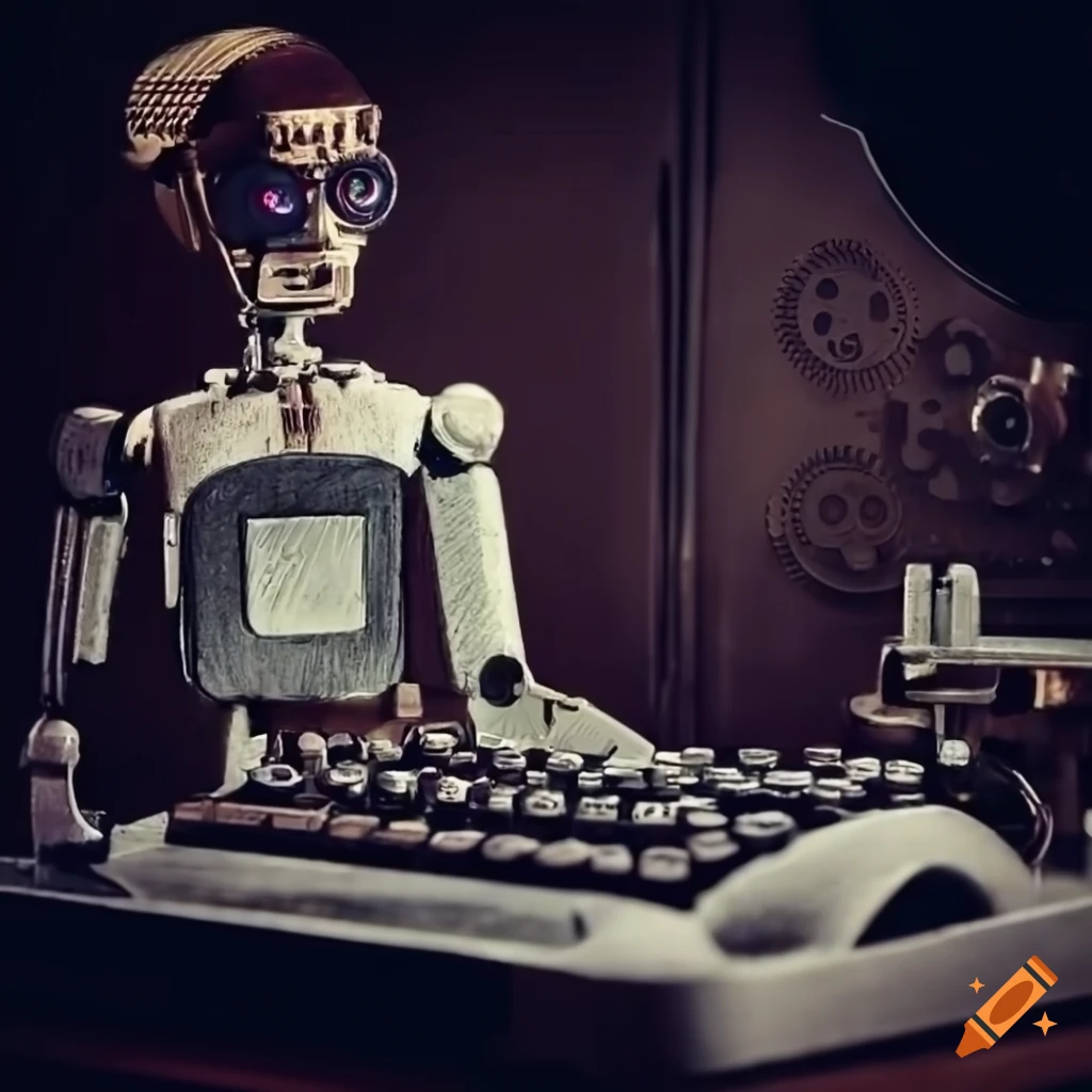 Steampunk robot typing on a typewriter on Craiyon