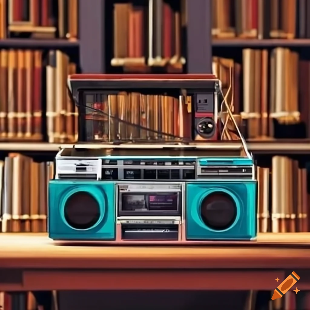 90's boombox on a library table on Craiyon