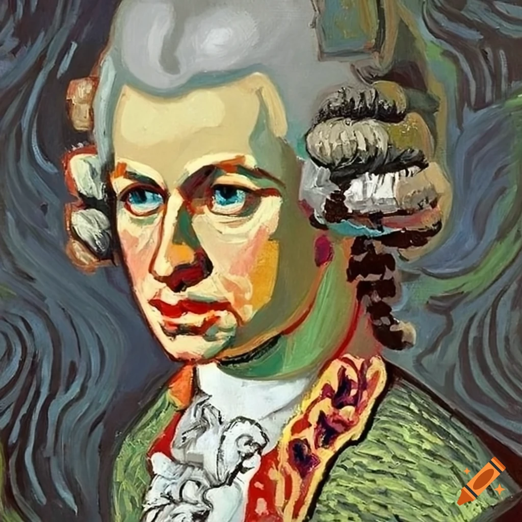 Portrait of mozart painted by van gogh on Craiyon