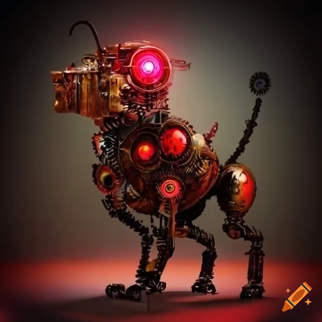 Scary steampunk robot dog with metallic exterior and red eyes on Craiyon
