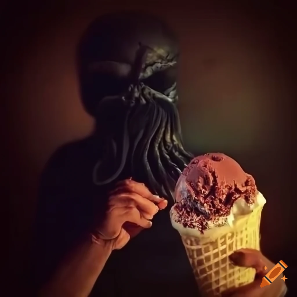 Dramatic photo of cthulhu eating ice cream on Craiyon