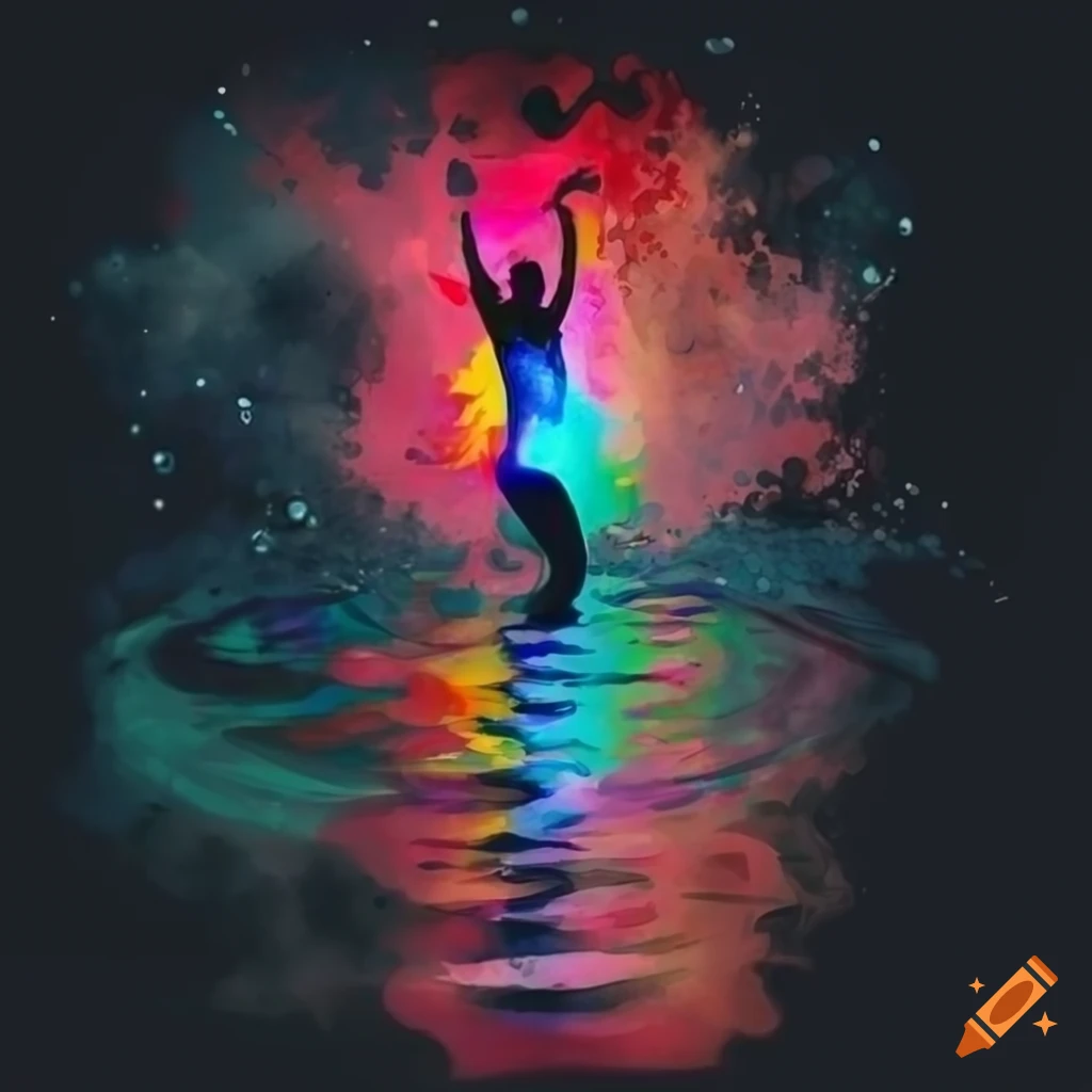 Colorful watercolor painting of a person standing in water