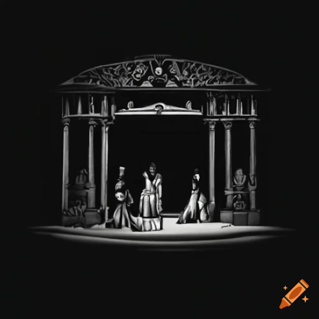 Black and white sketch of a theater stage