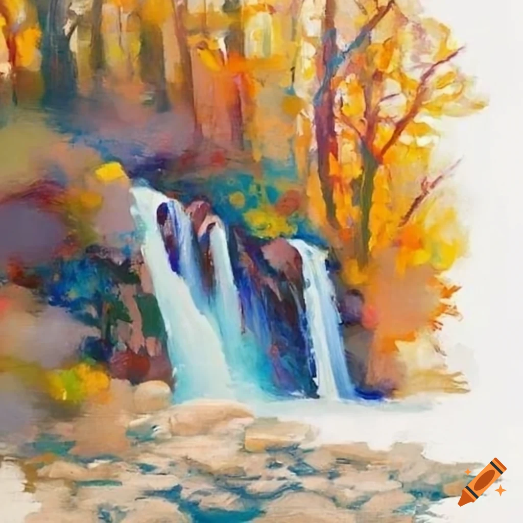 Impressionist waterfall painting in autumn