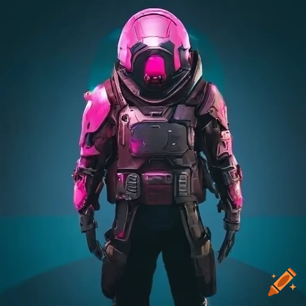 Cyberpunk full body armor with pink slime filled dome helmet on Craiyon
