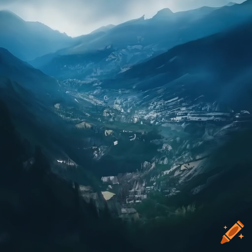 Aerial view of a medieval town in an alpine valley on Craiyon