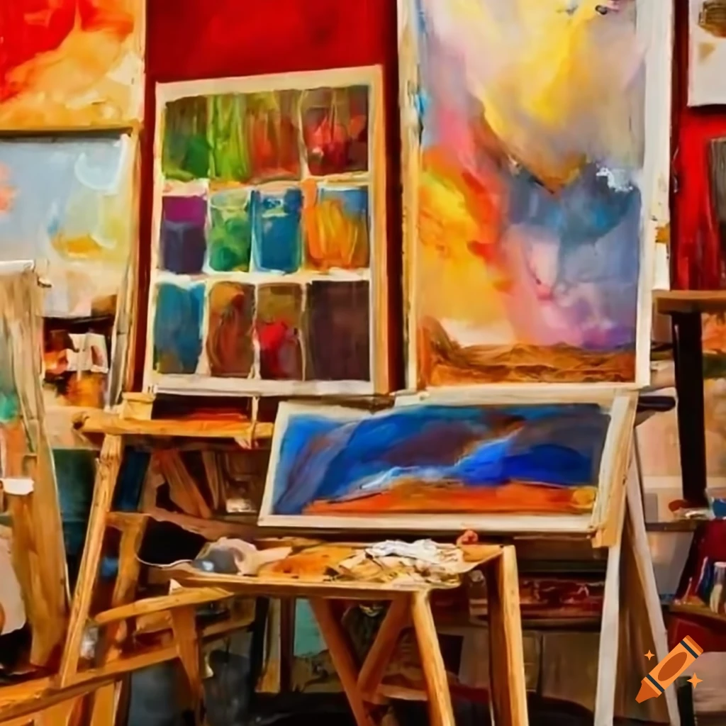 Art studio with artists at work on Craiyon