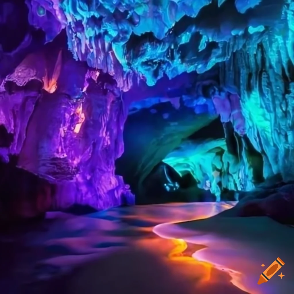 Brightly lit cave with glowing crystals and mushrooms on Craiyon