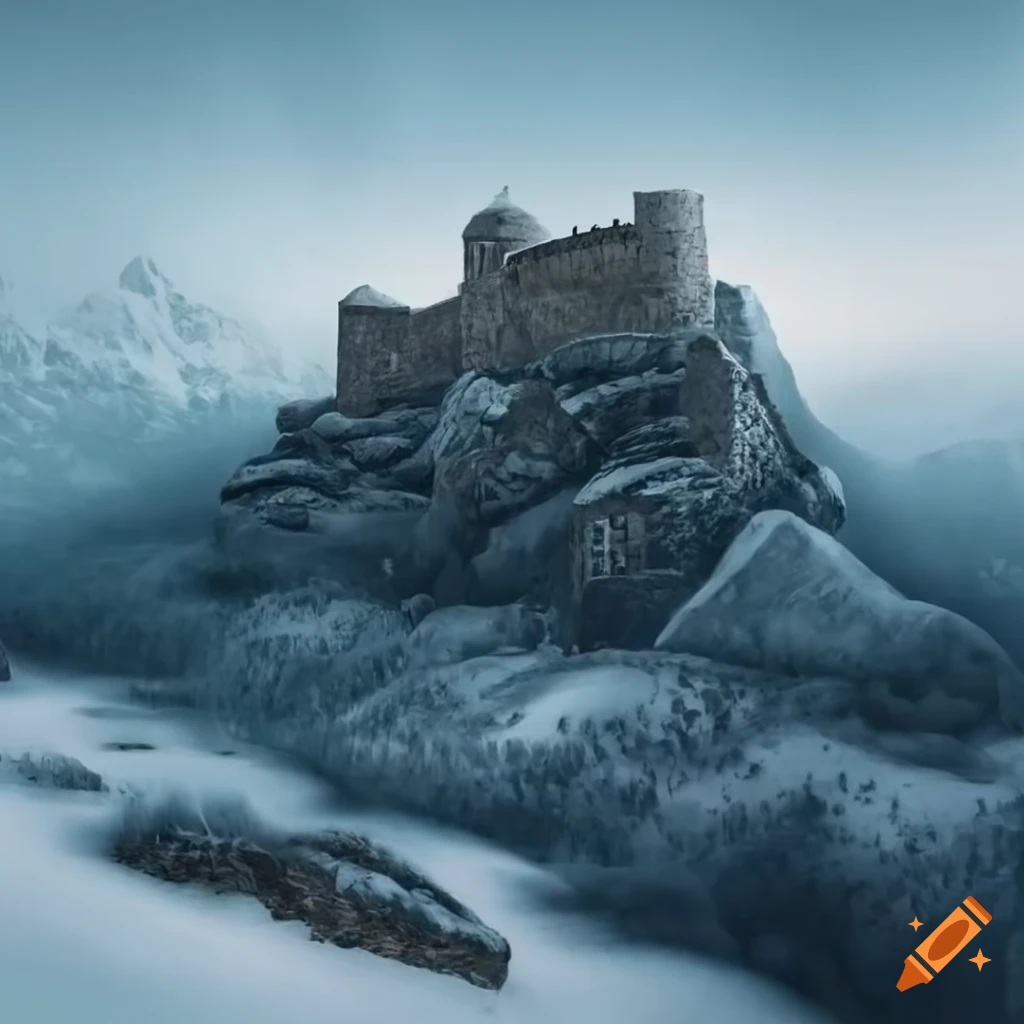 Hyperrealistic painting of a medieval fort in a snowy landscape on Craiyon