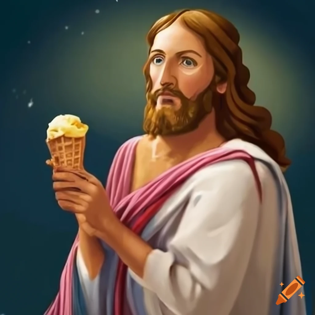 Surreal art of jesus holding an ice cream cone on Craiyon