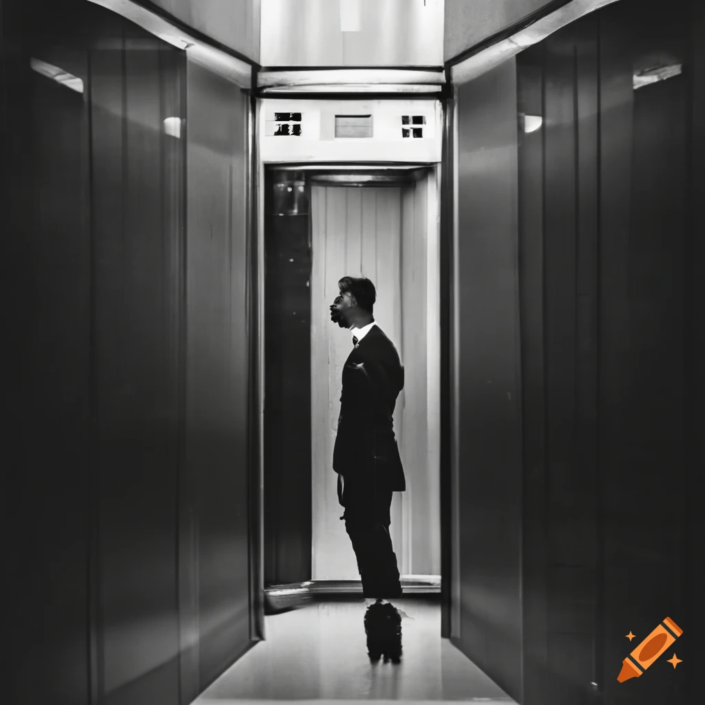 Black and white photo of a man inside an elevator on Craiyon