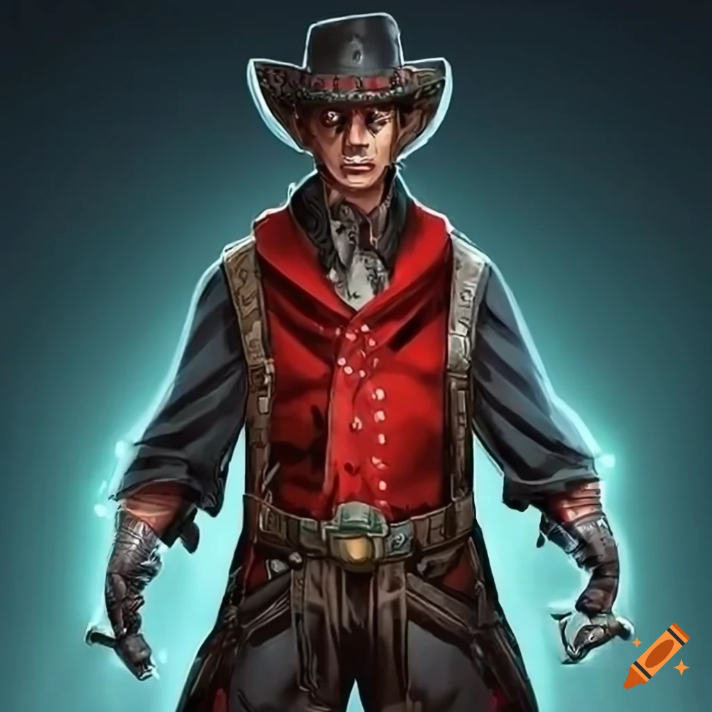 Fun male character in a red high-tech costume with glowing symbols on ...