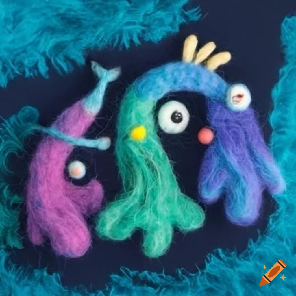 Sad silly sea monsters made of felted wool on Craiyon