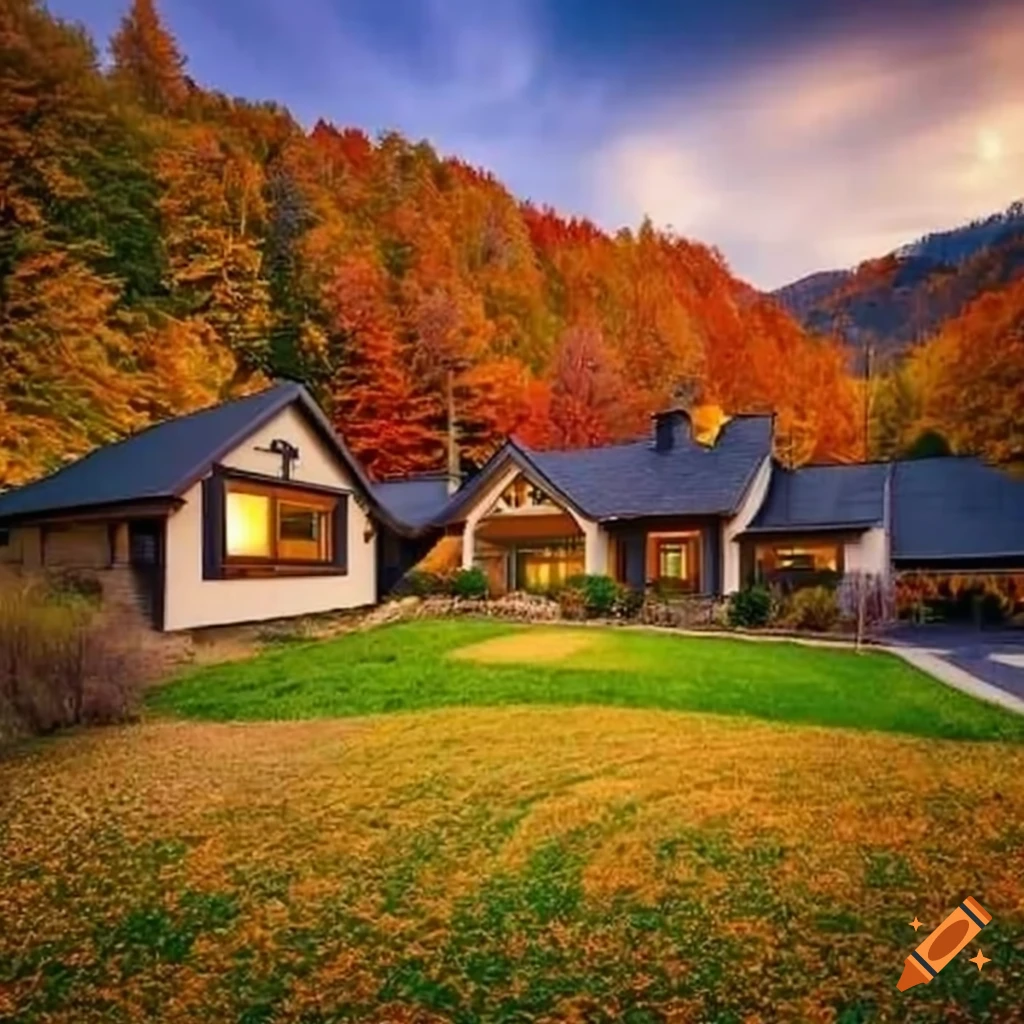 Mountain home with gorgeous autumn scenery on Craiyon