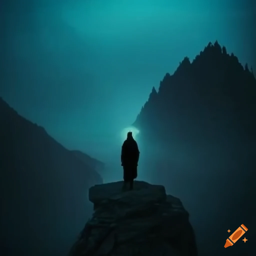 Mysterious artwork of a ghost on a misty mountain