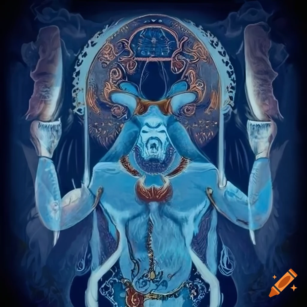 Black and white neon blue horned angel apostle with a male face in ...