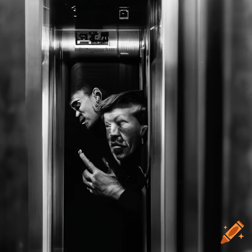 Black and white photo of a man inside an elevator on Craiyon