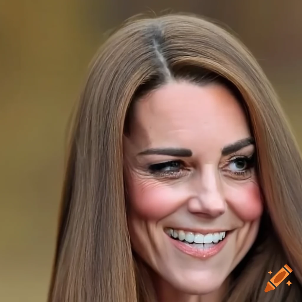 Kate Middleton smiling in a denim shirt against a gold background on ...