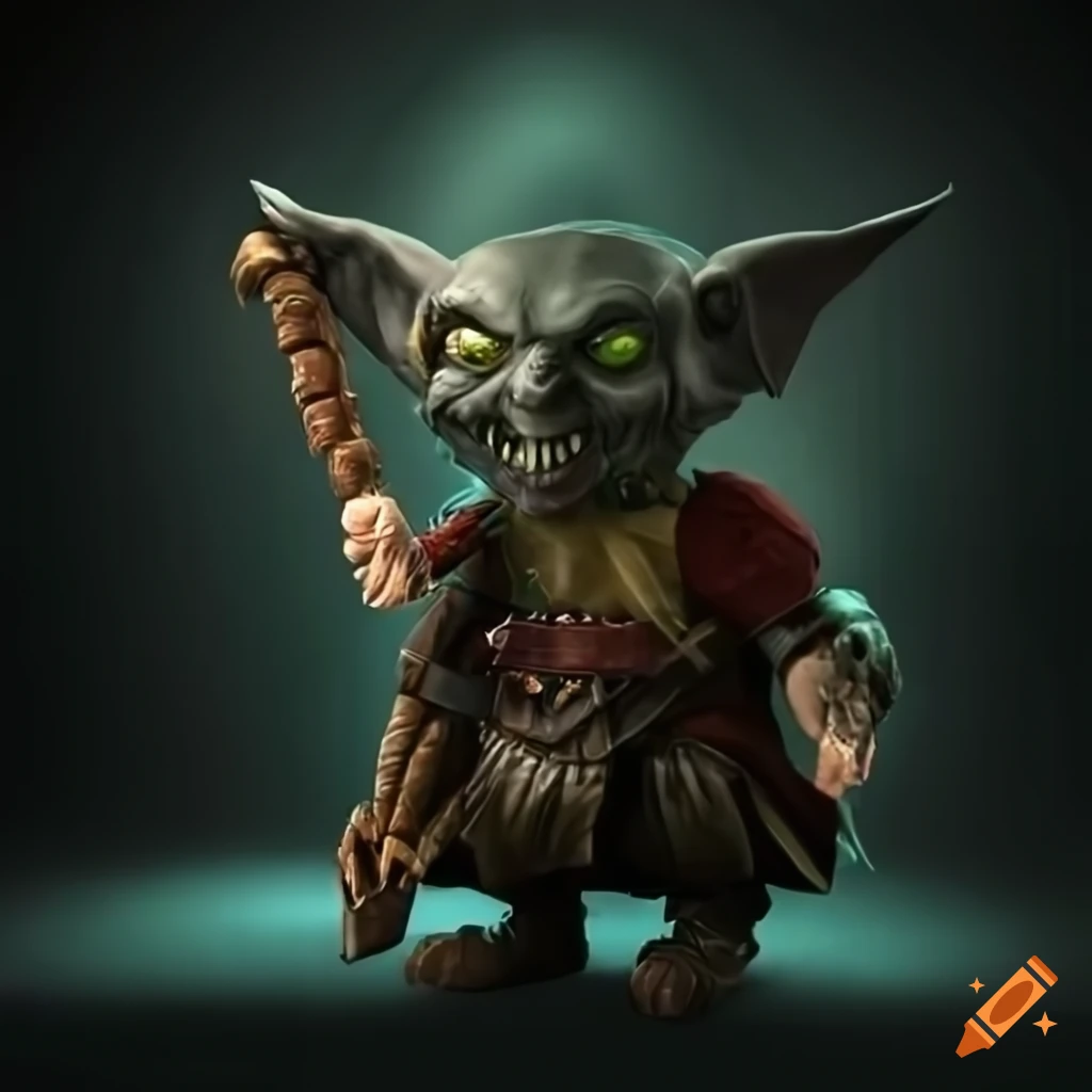 Realistic depiction of a friendly goblin merchant at a crossroads on ...
