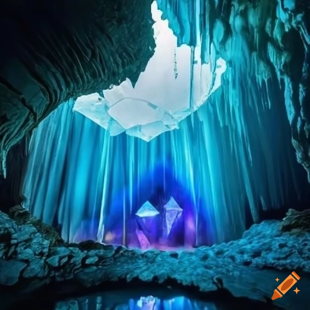 Image of a magical crystal cave with sparkling crystals and a small ...