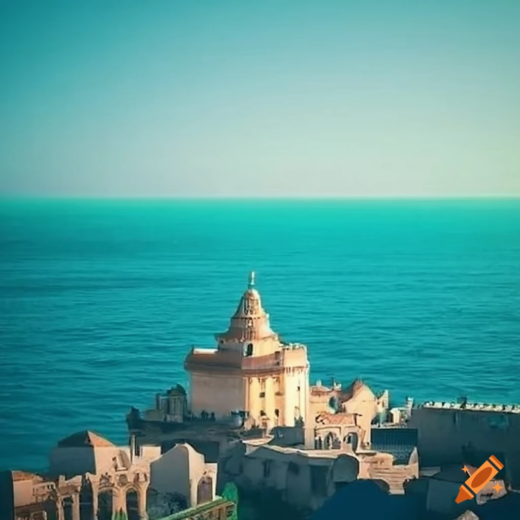 City overlooking the turquoise sea under the sun on Craiyon