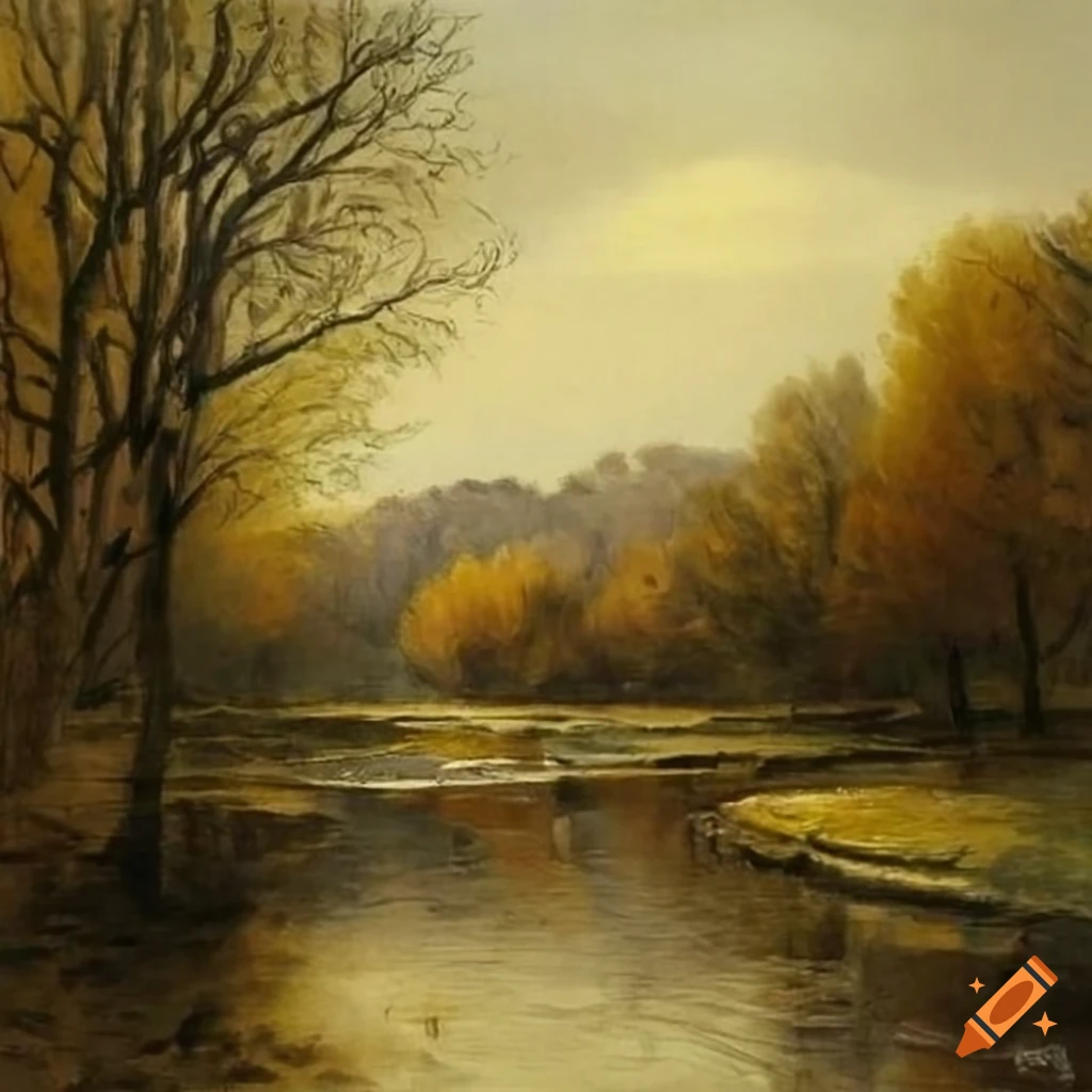 Charcoal drawing of barren poplars and willows by the lake on Craiyon