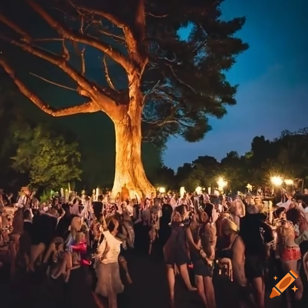 Nighttime party with people gathered around a tree on Craiyon