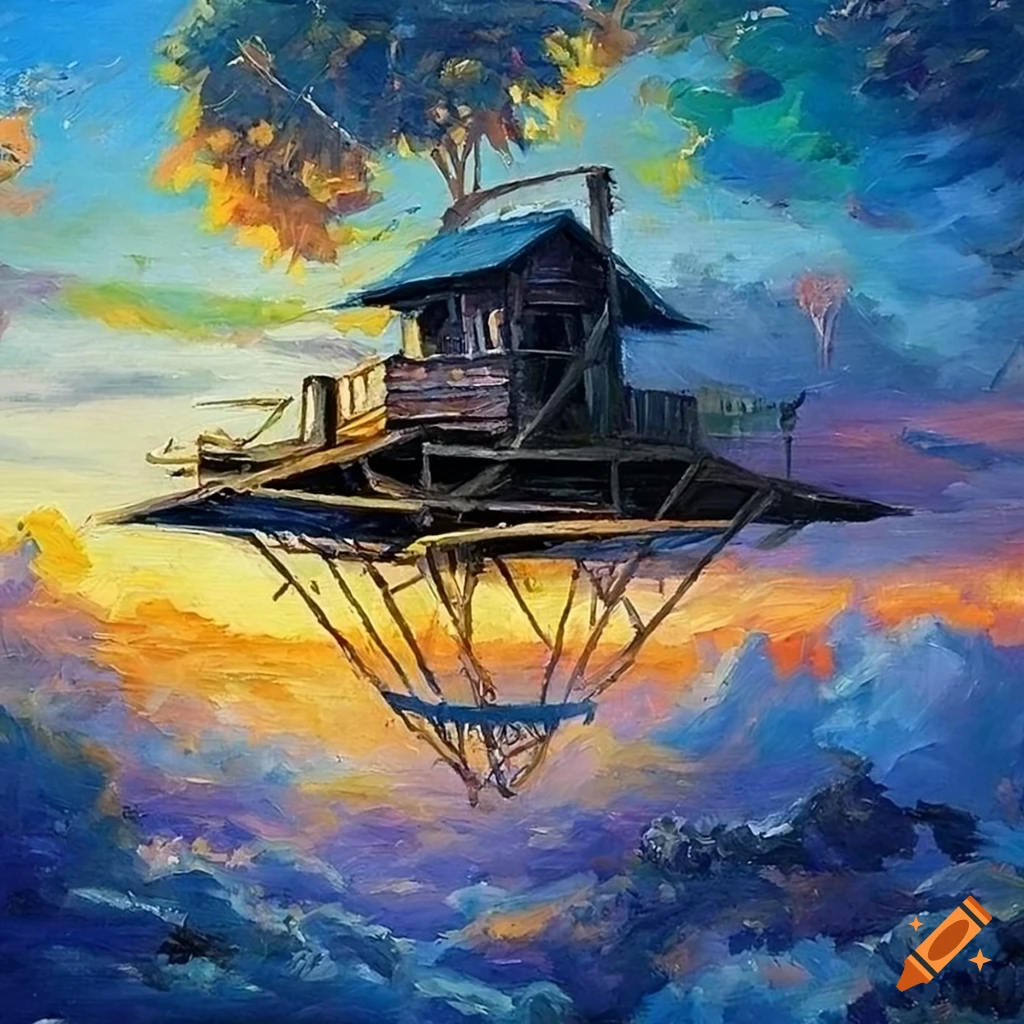 Impressionistic art of a floating treehouse in the clouds on Craiyon
