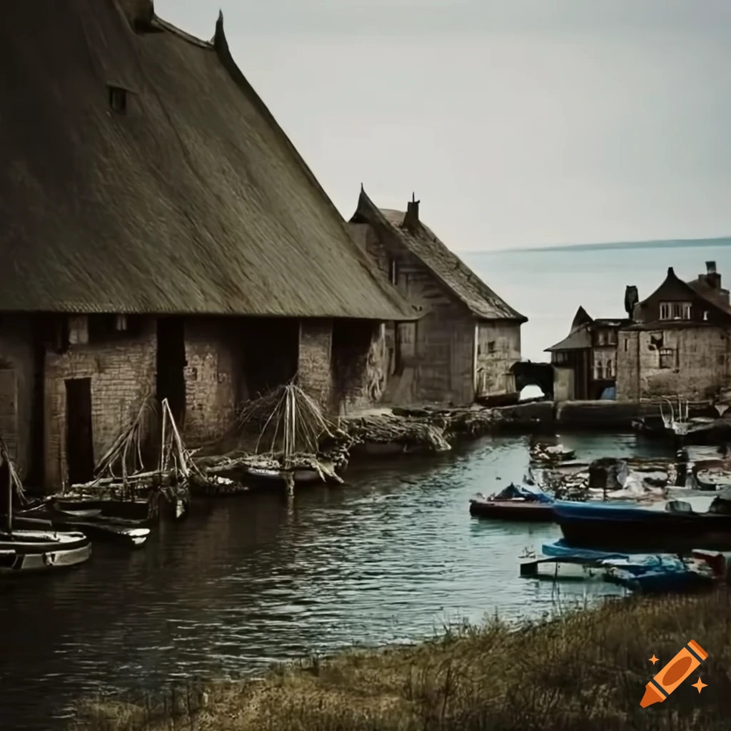 Medieval viking village and harbor at the mouth of a river on Craiyon