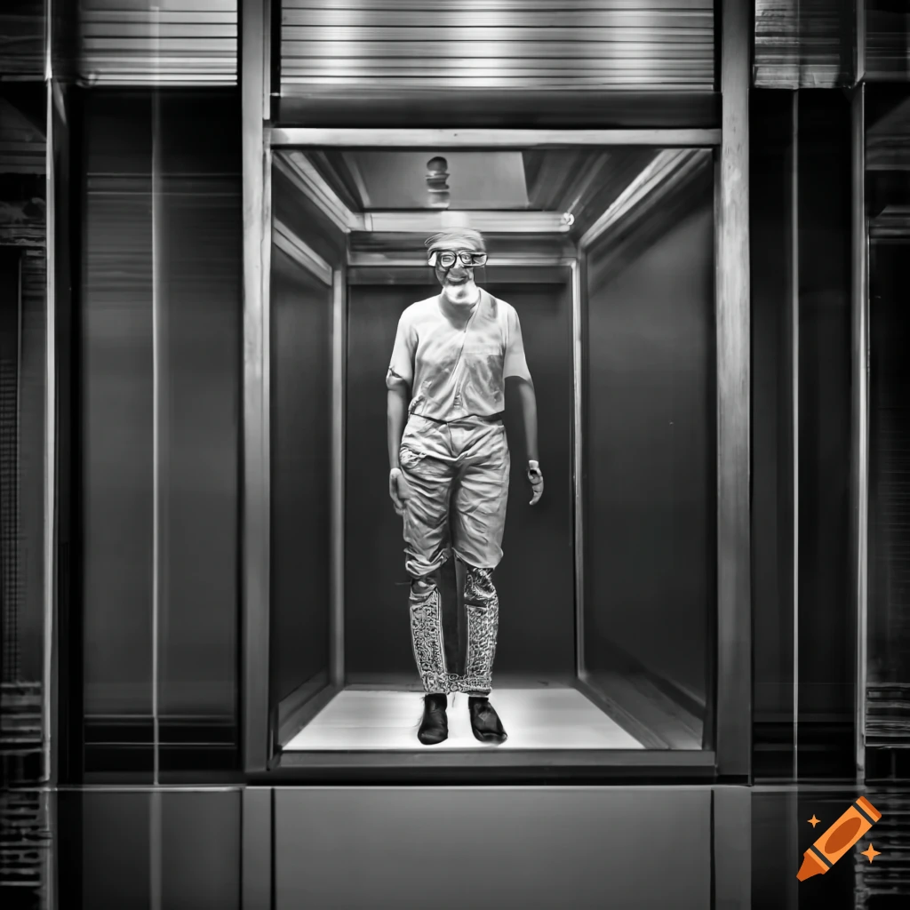 Black and white photo of a man inside an elevator